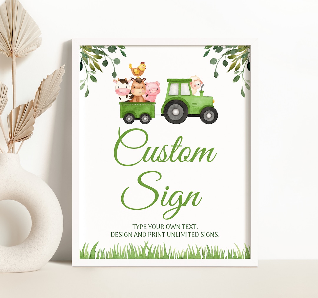 EDITABLE Green Tractor Custom Sign Farm Animals Baby Shower Custom Sign ...