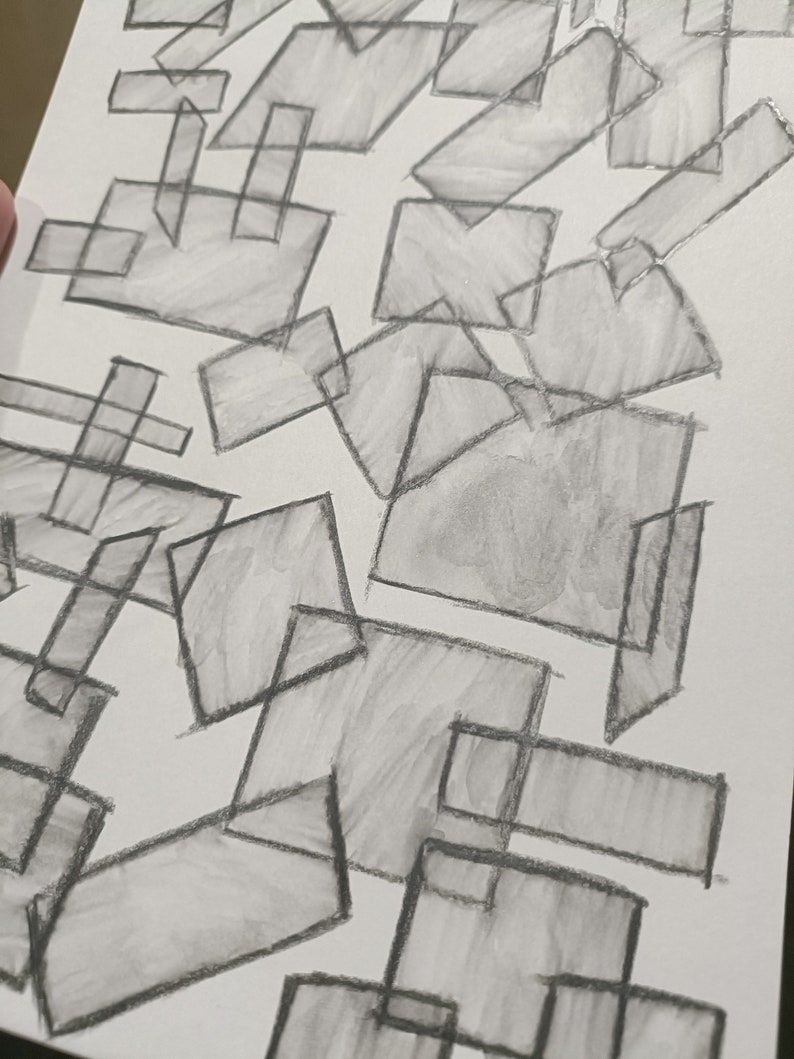 Abstract Square & Rectangle Sketch Watercolour Graphite Art 5.83 X 8.27 ...