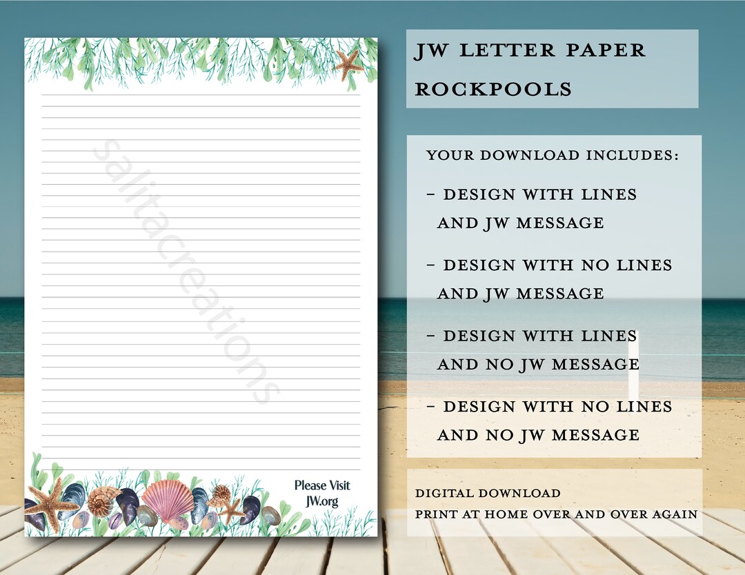 JW Letter Writing Paper Digital Download Rockpools Shells Seaweed Jw ...