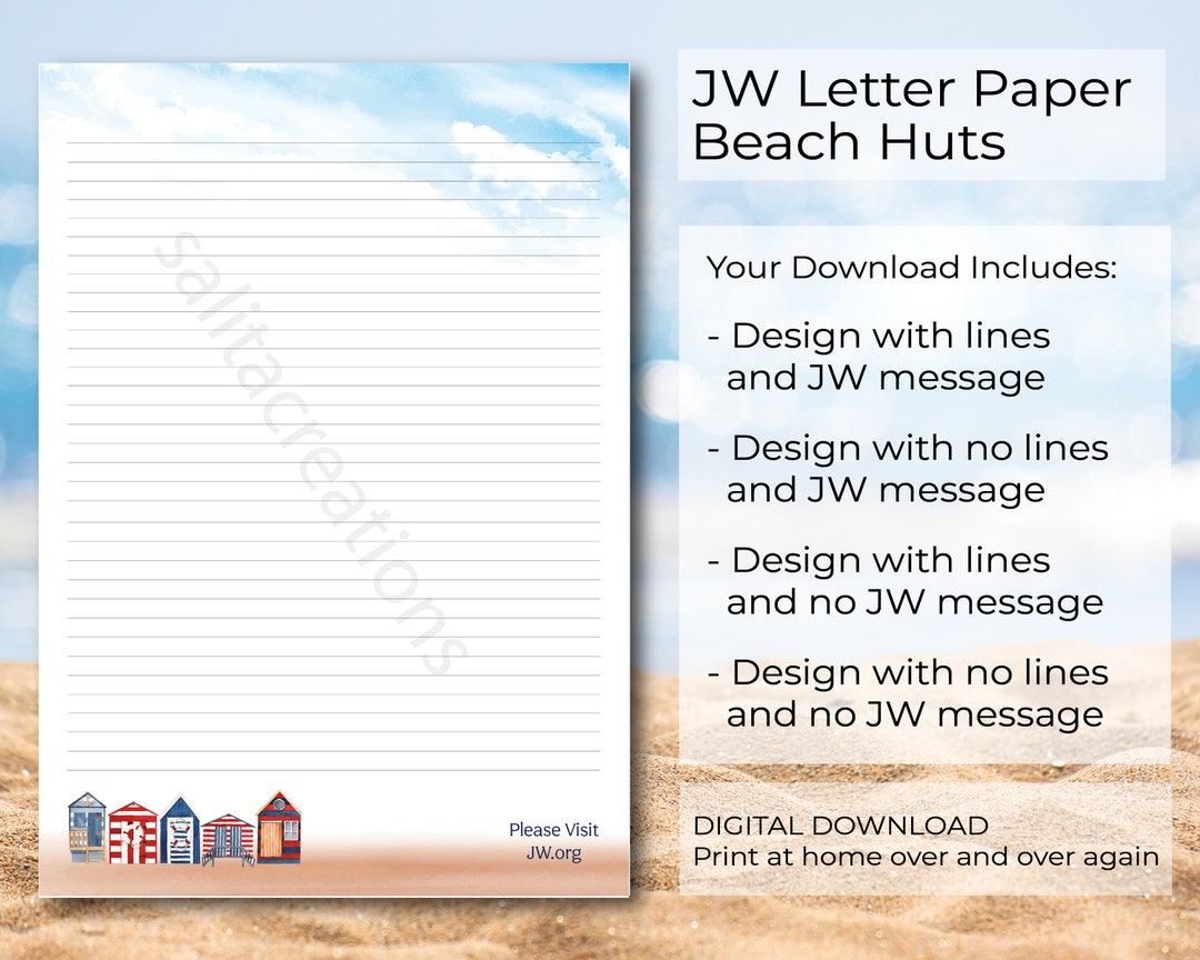JW Letter Writing Paper Digital Download Lined Website Beach Huts Sand ...