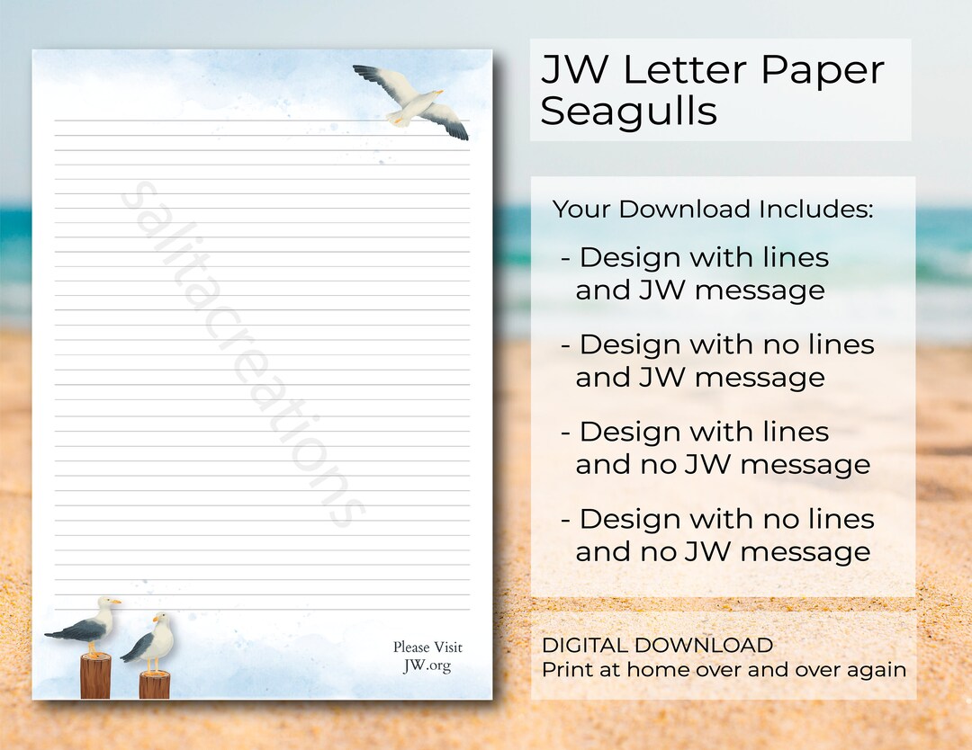 JW Letter Writing Paper Digital Download Lined Website Seagulls Sand ...