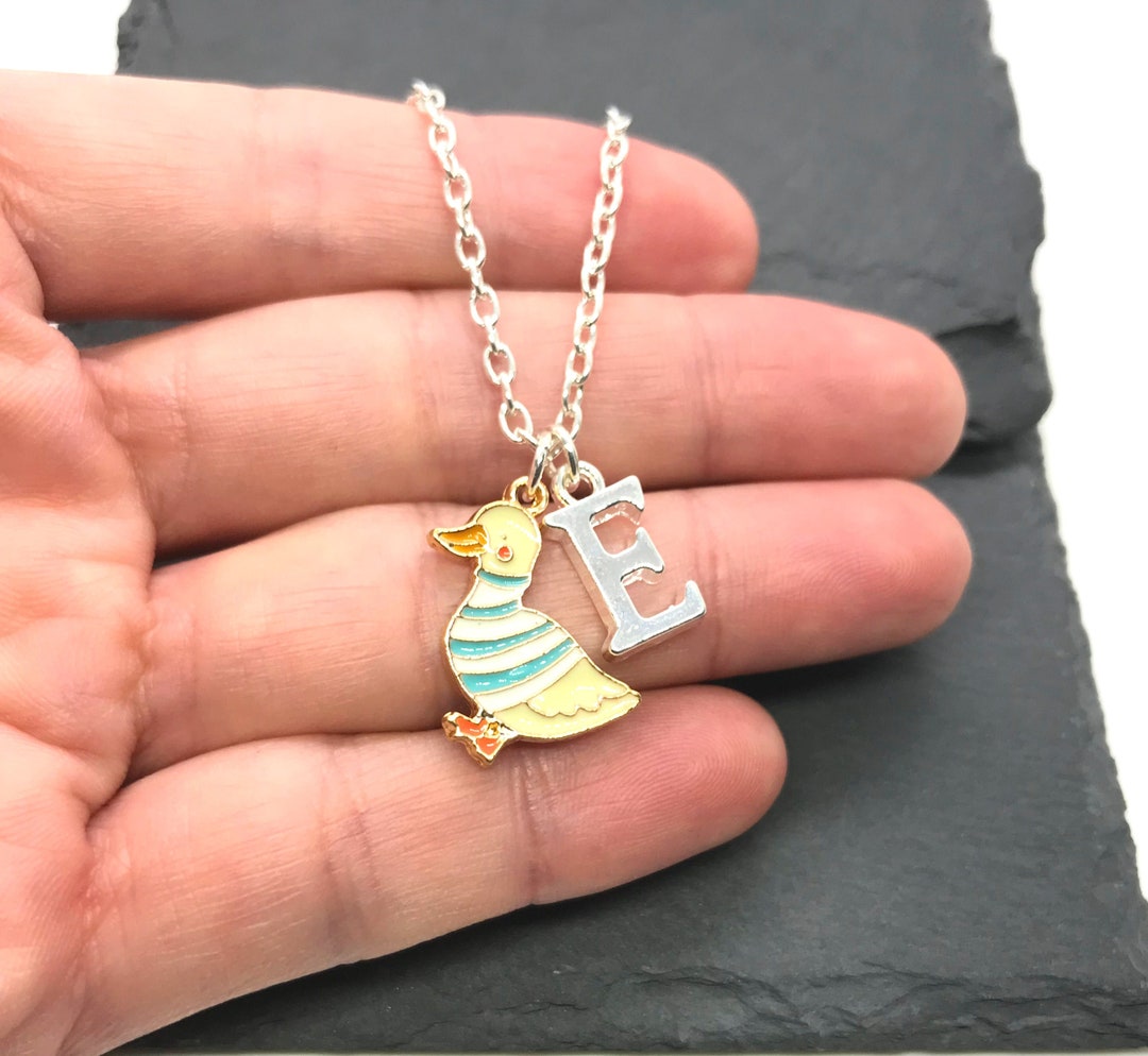 Enamel Duck Necklace, Personalised Initial Silver Charm, Cute Duckling ...