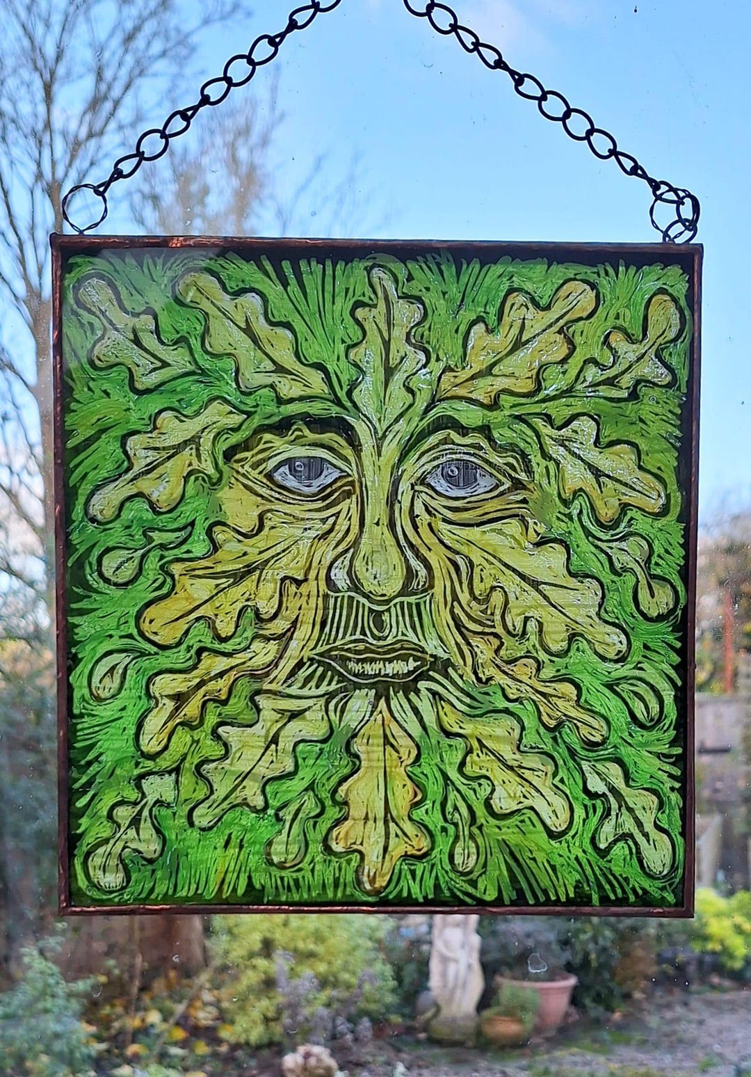 GREEN MAN SUNCATCHER. Green Man Stained Glass. 7 X 8". Pagan Green Man ...