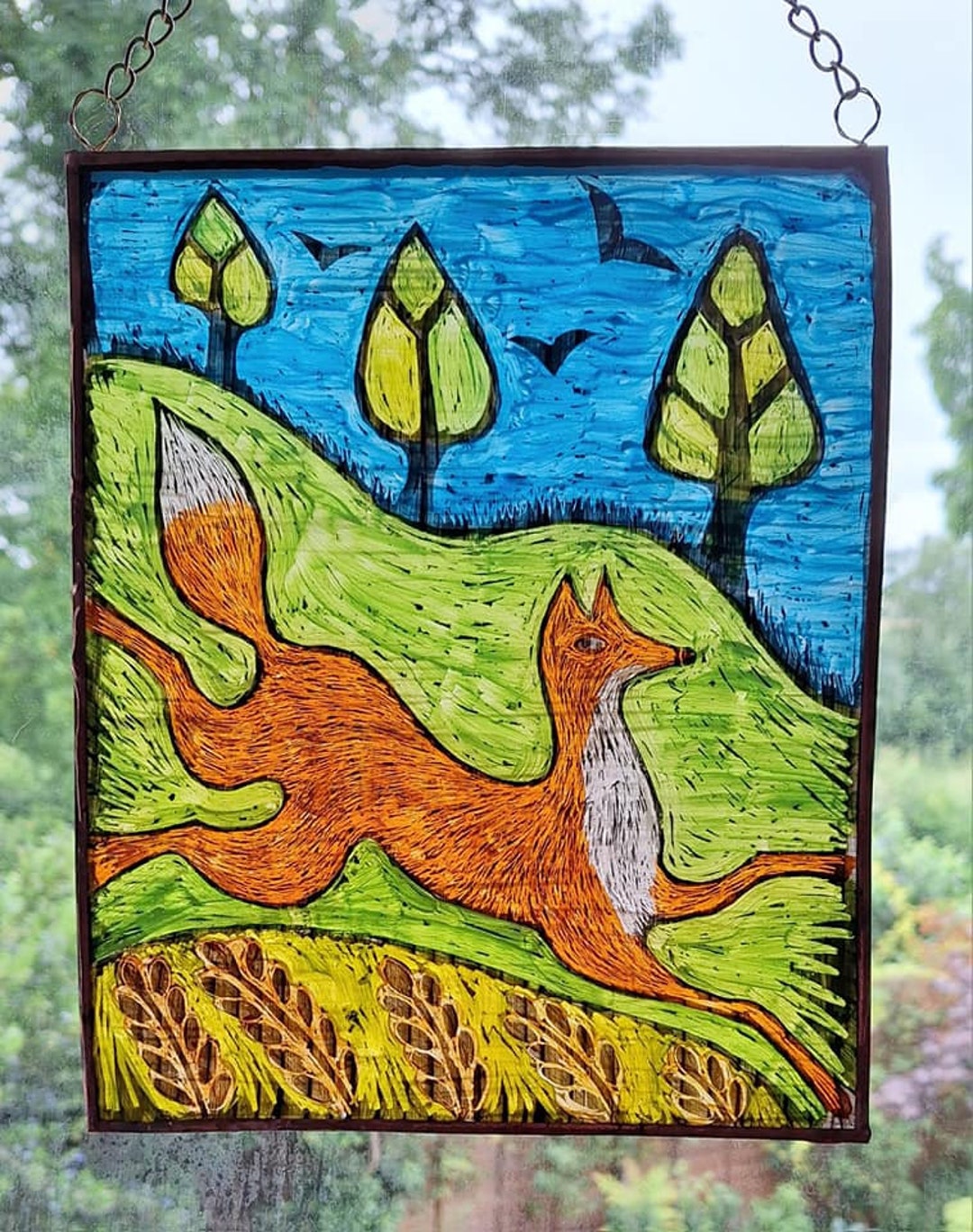 FOX GLASS SUNCATCHER. 10 X 8". Fox Gift. Fox Wallhanging. Fox Window ...