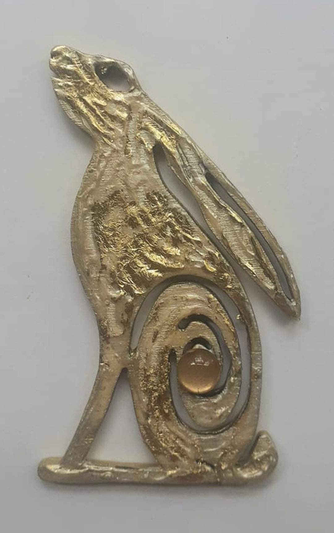 HARE BROOCH. 3 X 2 Hand Painted Wooden Hare. Gold Leaf Heart. Gold Leaf ...