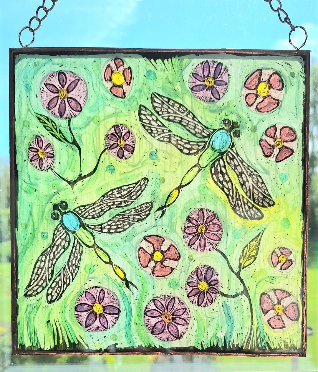 PAINTED GLASS DRAGONFLY Sun Catcher/wall Hanging. 8 X 8 ". Handpainted ...