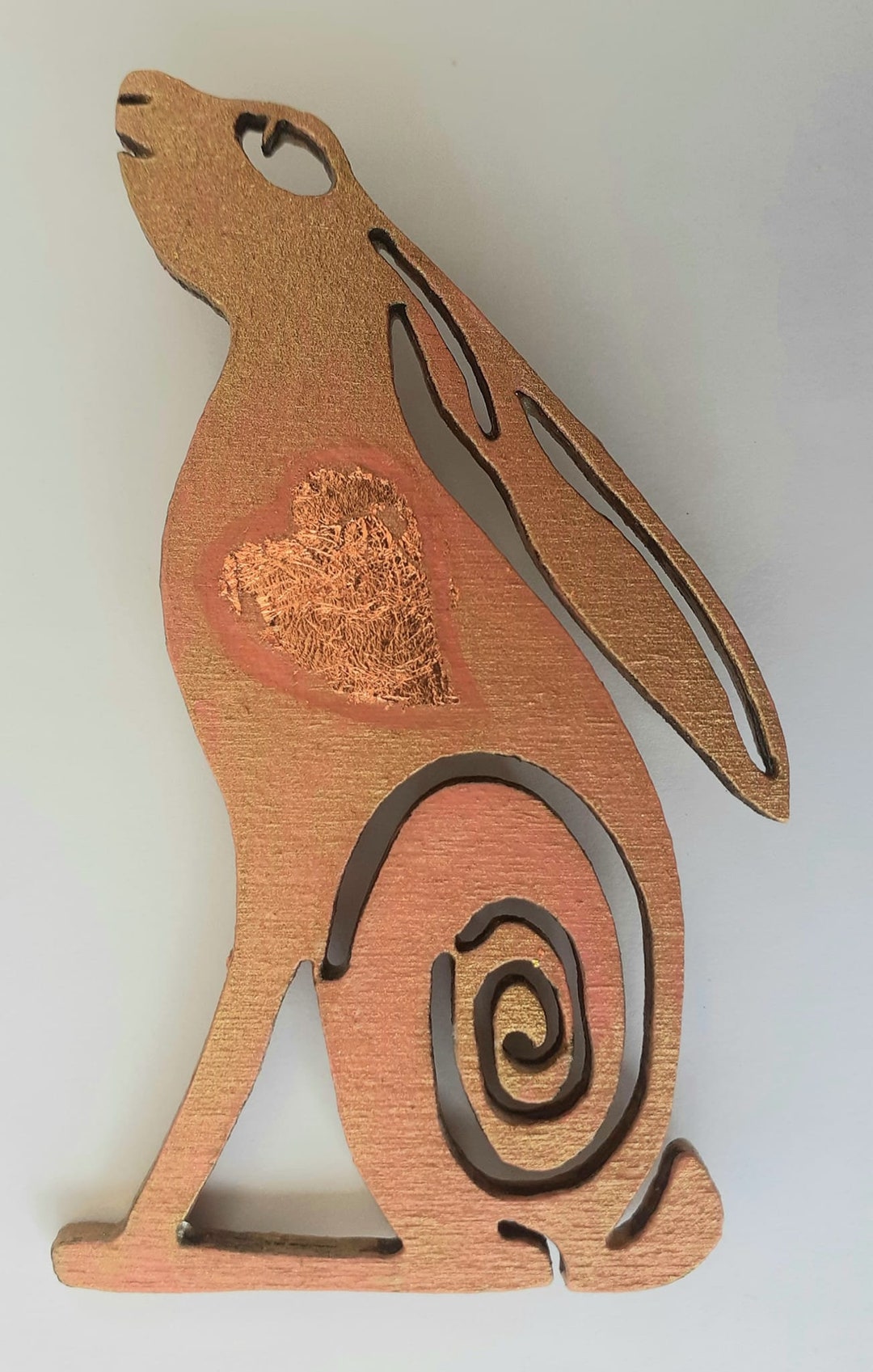HARE BROOCH. 3 X 2 Hand Painted Wooden Hare. Gold Leaf Heart. Gold Leaf ...