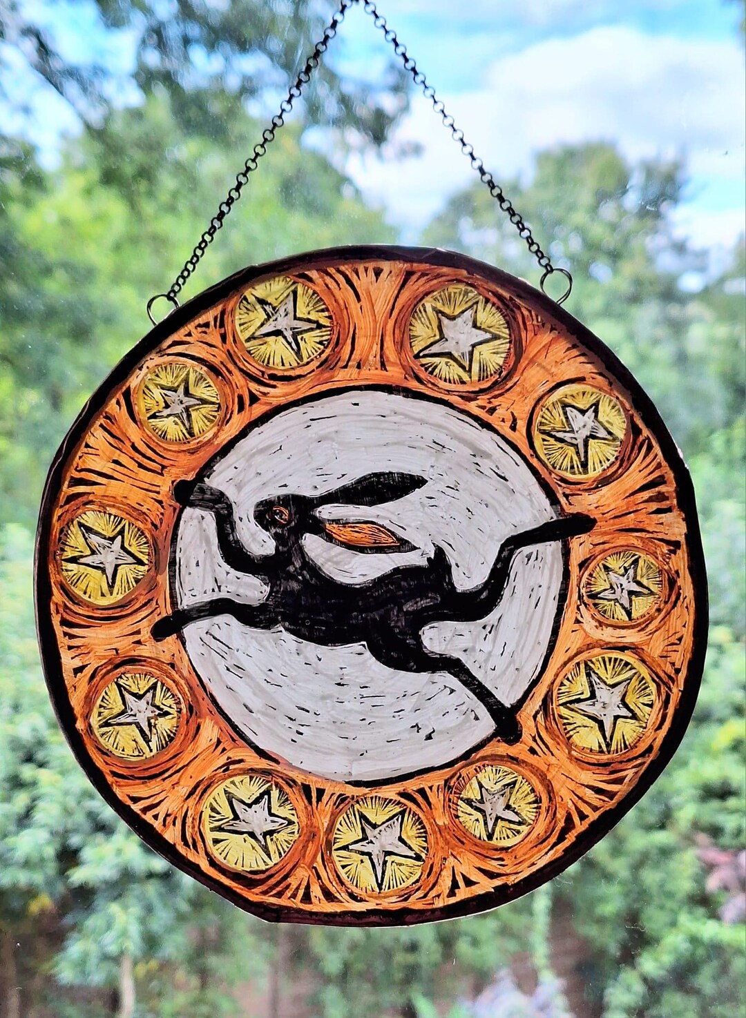 HARE and MOON GLASS Suncatcher. Stained Glass Hare. 7 X 7". Hare Gift ...