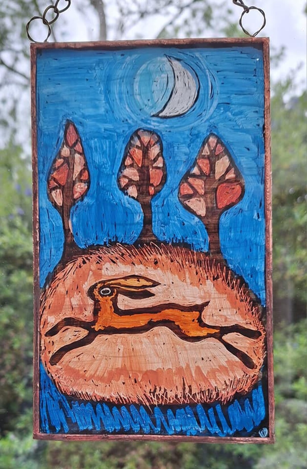 HARE and MOON GLASS Suncatcher. Stained Glass Hare. 5 X 8. Hare Gift ...