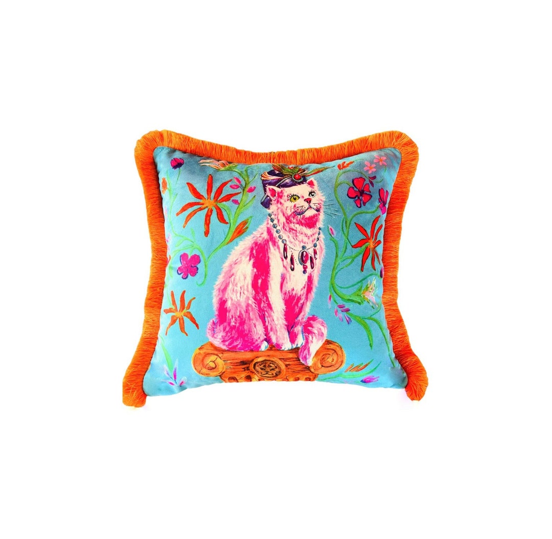 Pink Cat Pattern Throw Pillow Cover Blue Velvet Pillow Case Orange ...