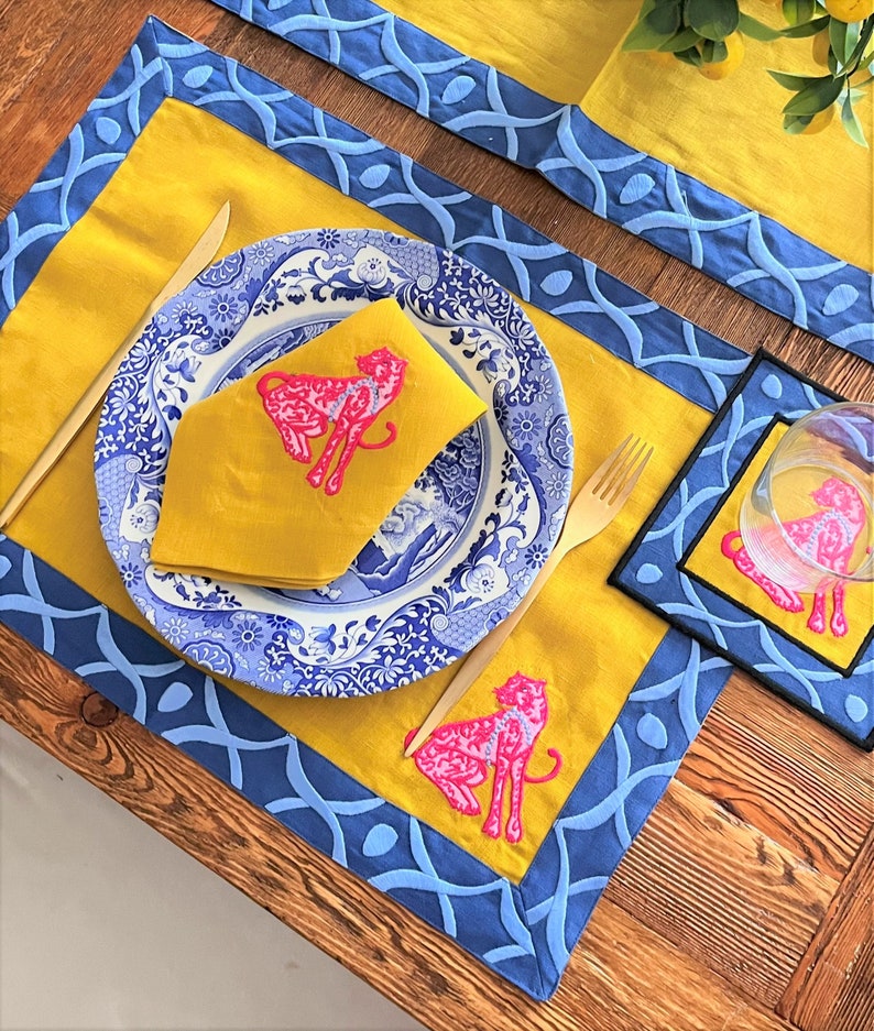 Pink Panther Dinner Napkins - Mustard Linen Napkin Set - Embroidered ...