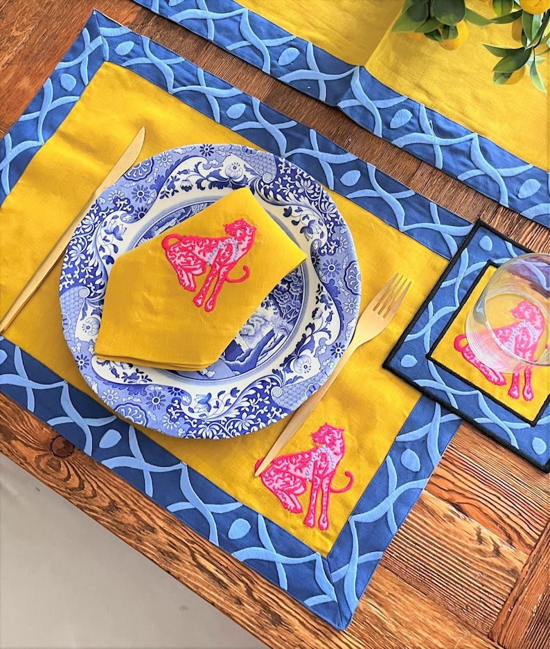 Pink Panther Dinner Napkins - Mustard Linen Napkin Set - Embroidered ...