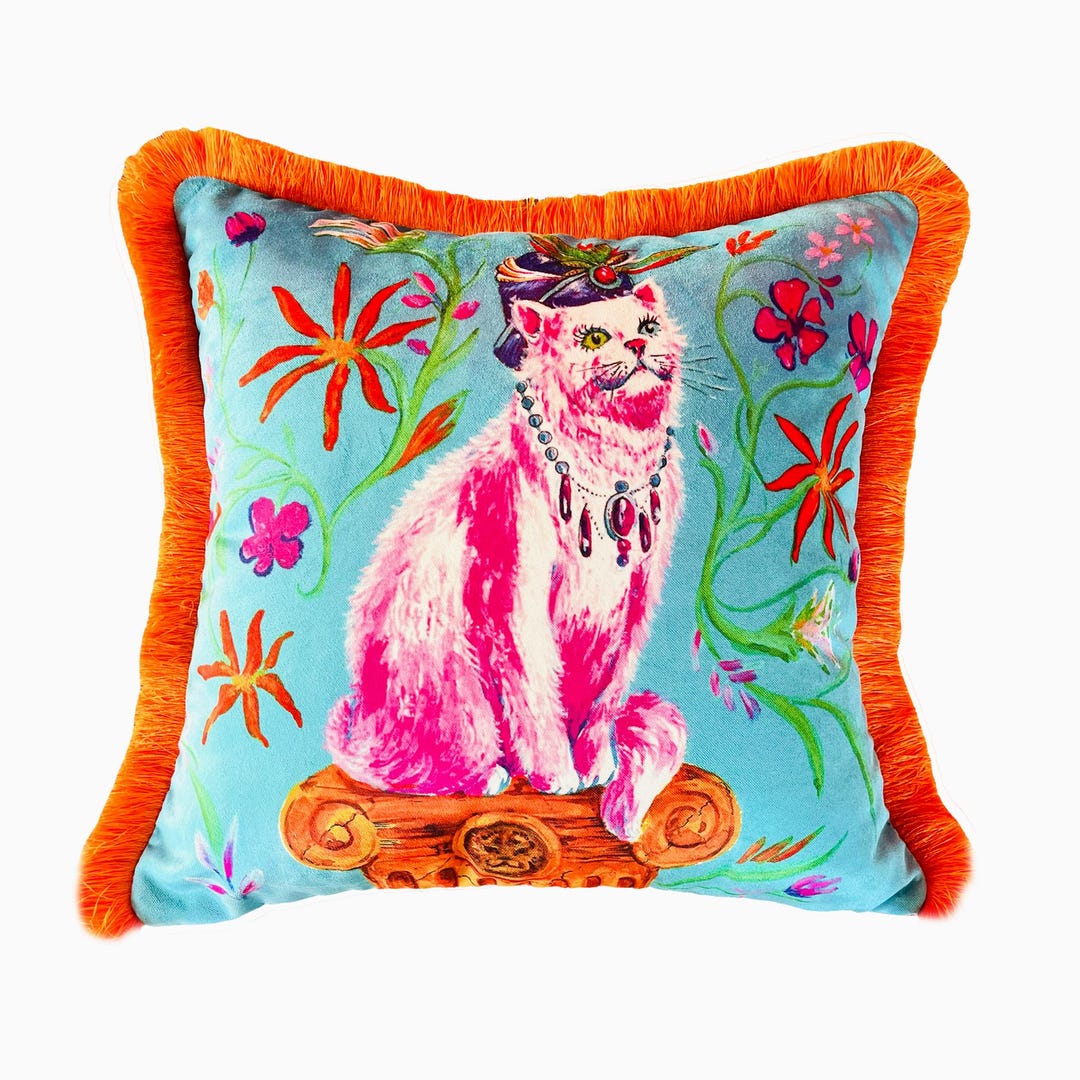 Cat Velvet Pillow Cover – Sky Blue Cushion With Orange Fringe - Etsy