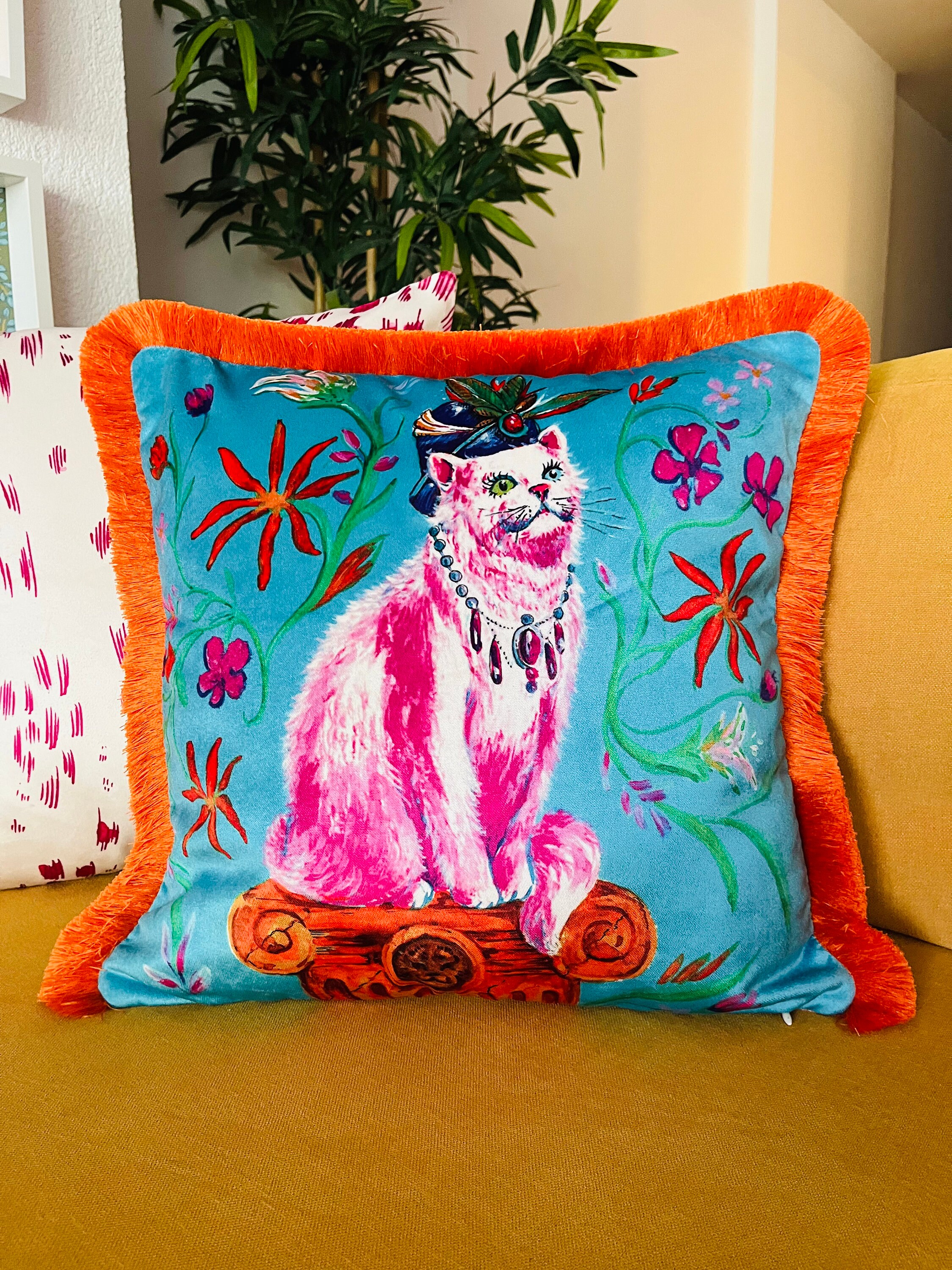 Pink Cat Pattern Throw Pillow Cover Blue Velvet Pillow Case - Etsy