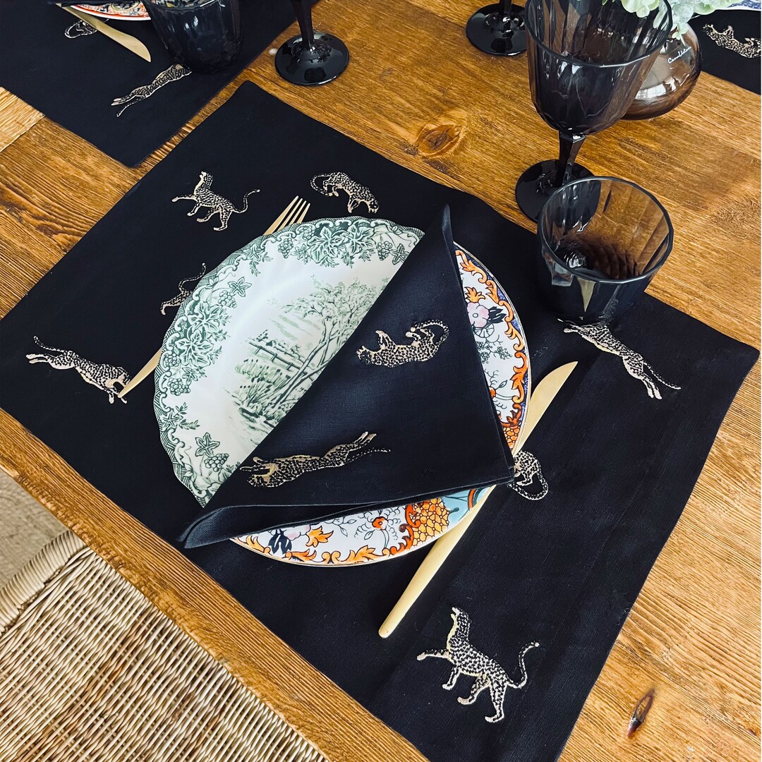 Leopard Pattern Dinner Napkin Set - Black Linen Cloth Napkin Set of 2 ...