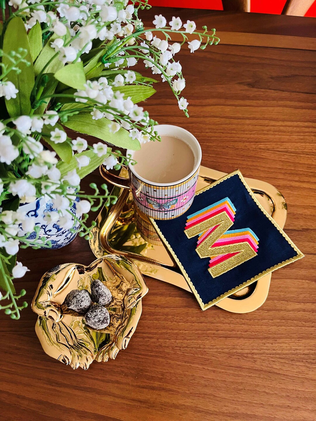 Customized Letter Napkins - Rainbow Color Embroidered Navy Linen Coffee ...