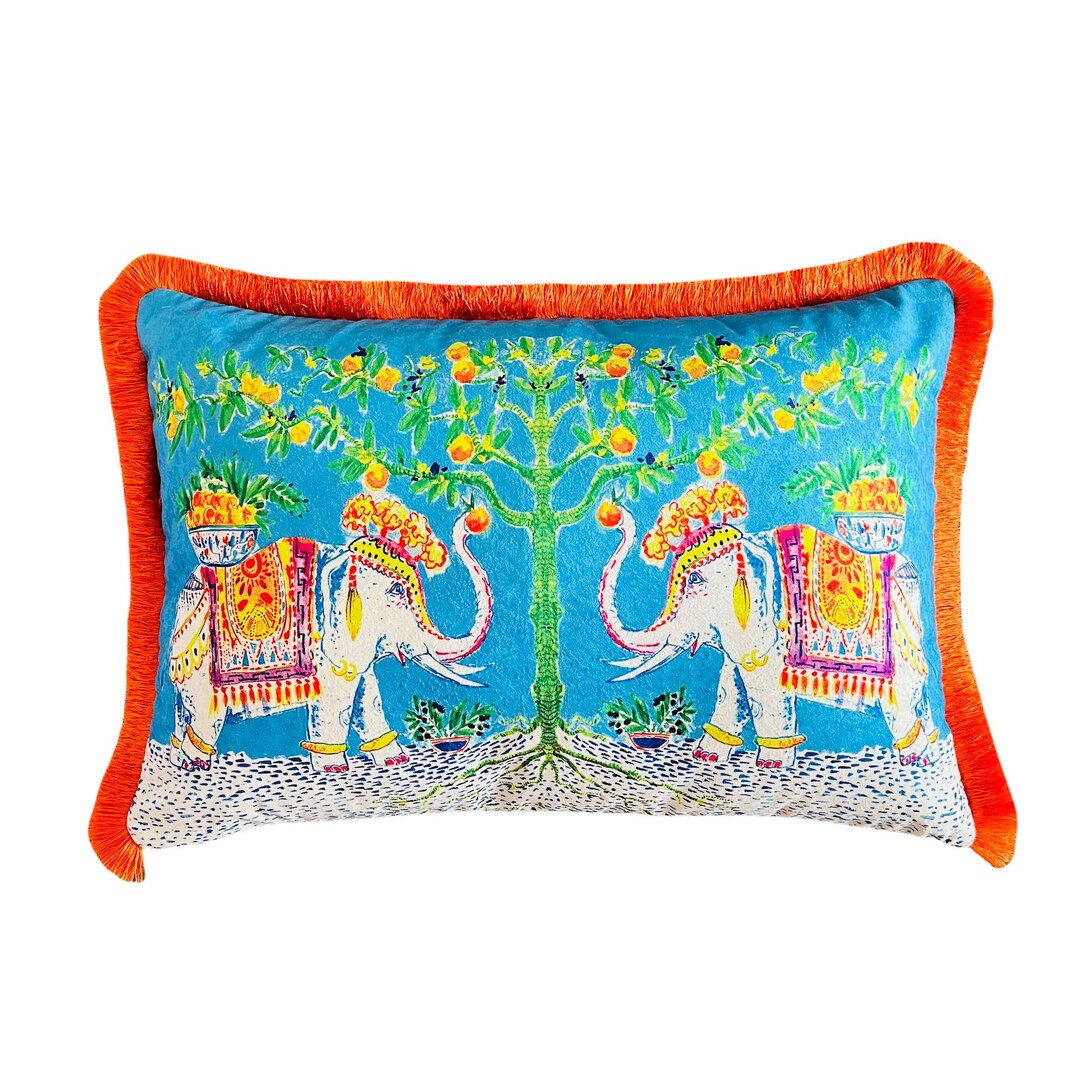 Elephant Pattern Throw Pillow Cover - Turquoise Velvet Pillow - Orange ...