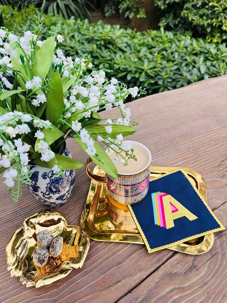 Customized Letter Napkins - Rainbow Color Embroidered Navy Linen Coffee ...