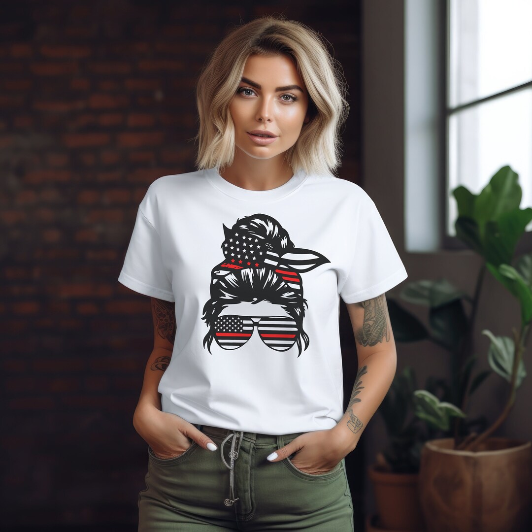 Firefighter Messy Bun Red Line T Shirt - Stylish Support for First ...