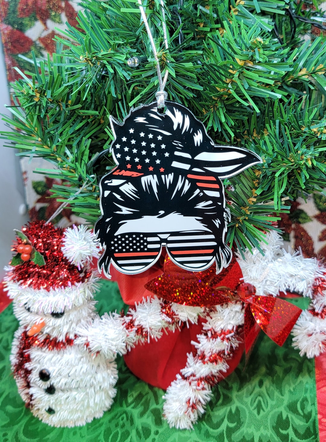 Thin Red Line Messy Bun Acrylic Christmas Ornament - Firefighter Gift ...