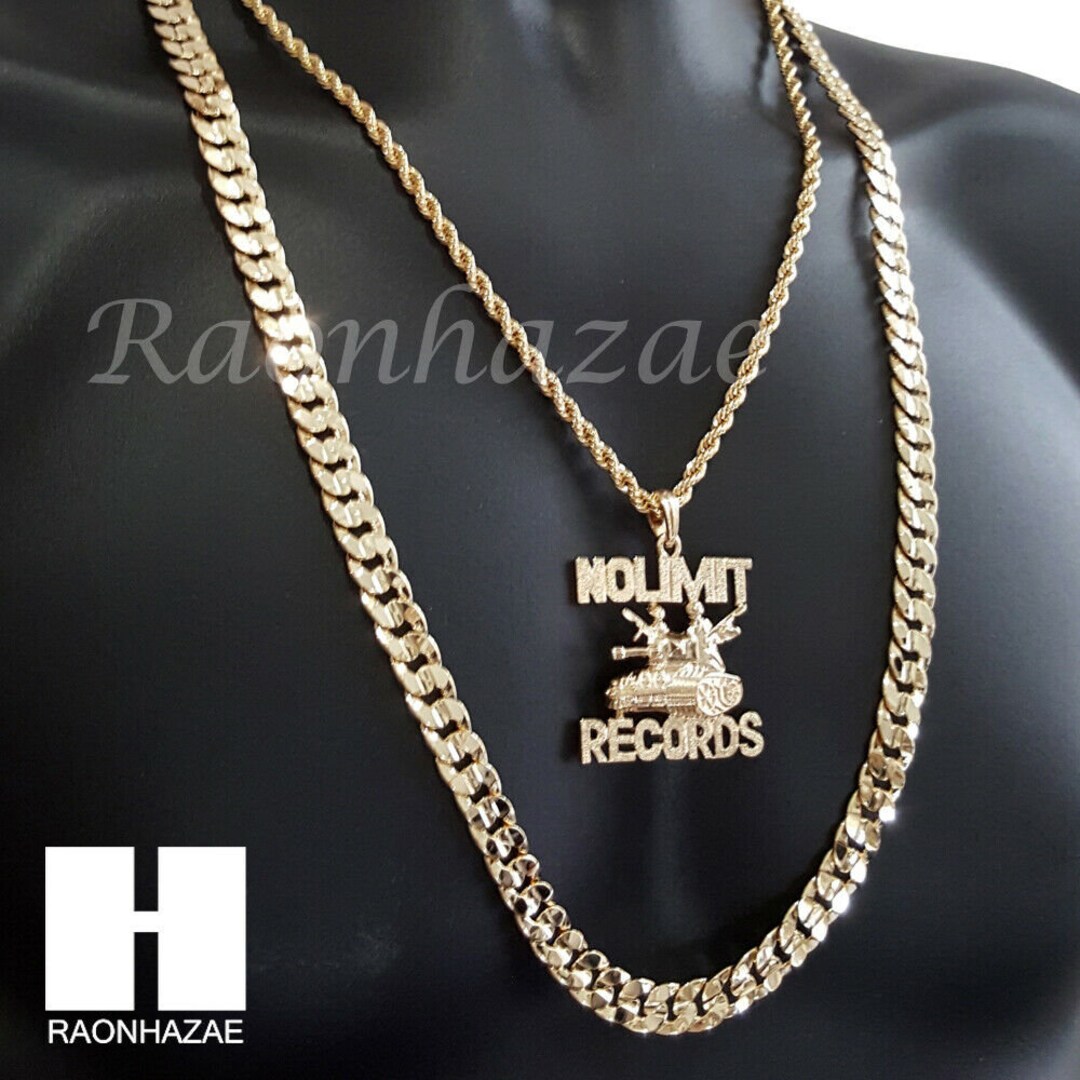Mens Iced Gold Silver No Limit Records Pendant 30" Cuban Chain Necklace ...
