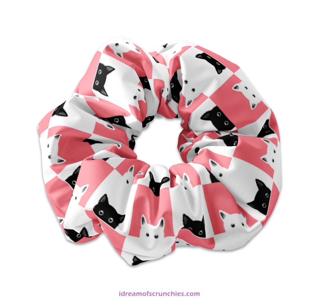 Cute Peeking Kitties on Black & Pink Checkerboard Scrunchy Hair Tie ...