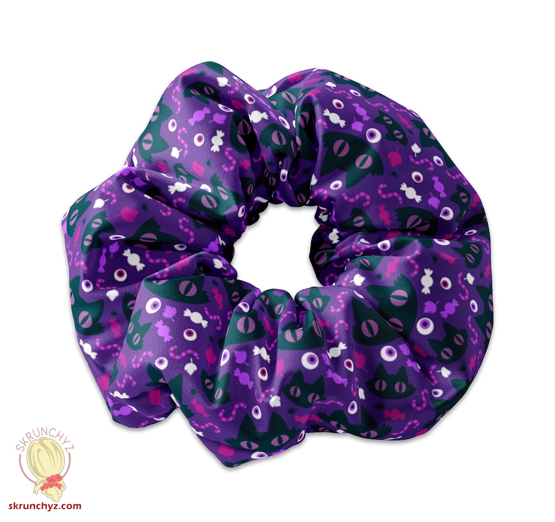 Black Cats on Deep Purple Fabric Halloween Theme Scrunchie, Halloween ...