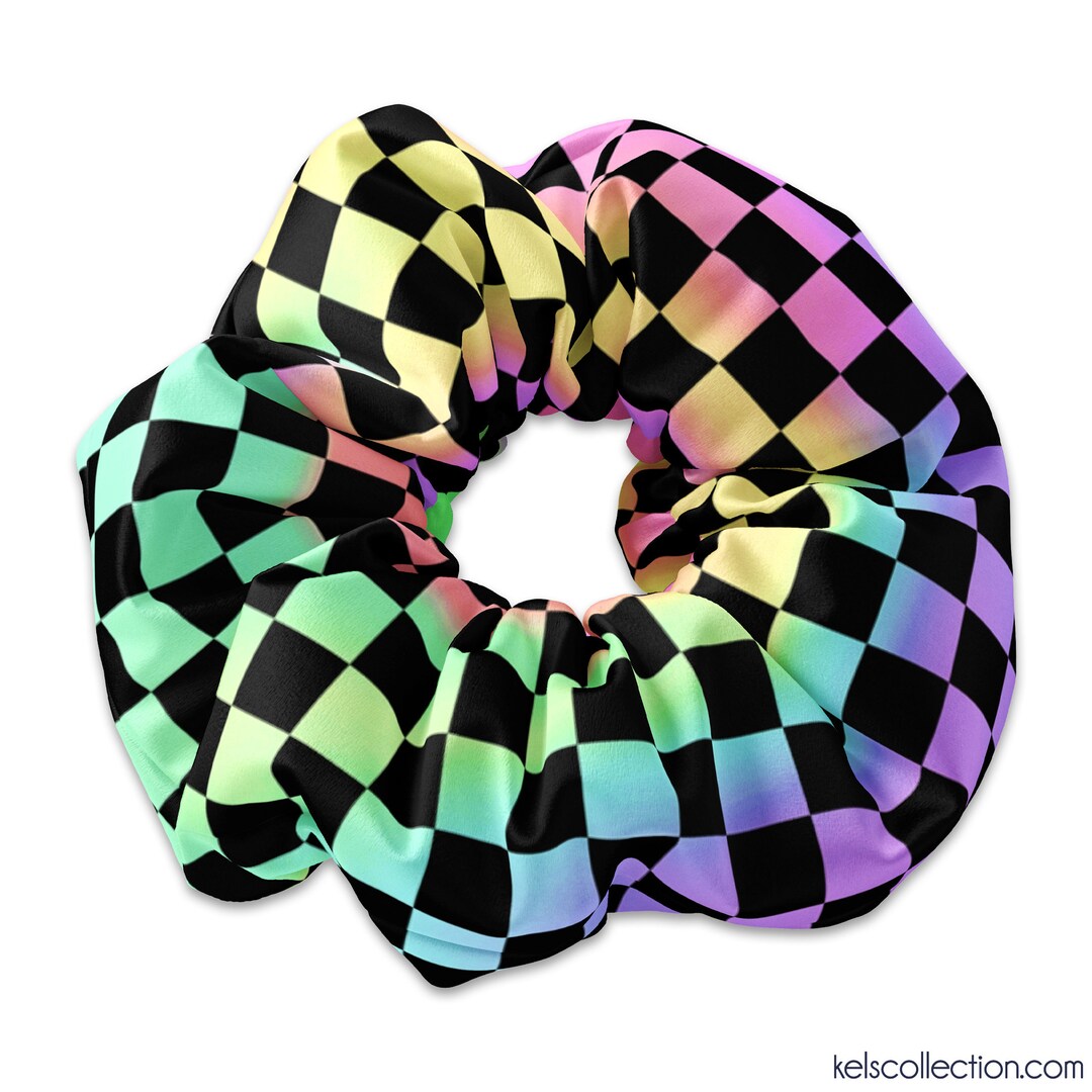 Rainbow Checkerboard Pattern Scrunchie Hair Tie, Checker Pattern ...