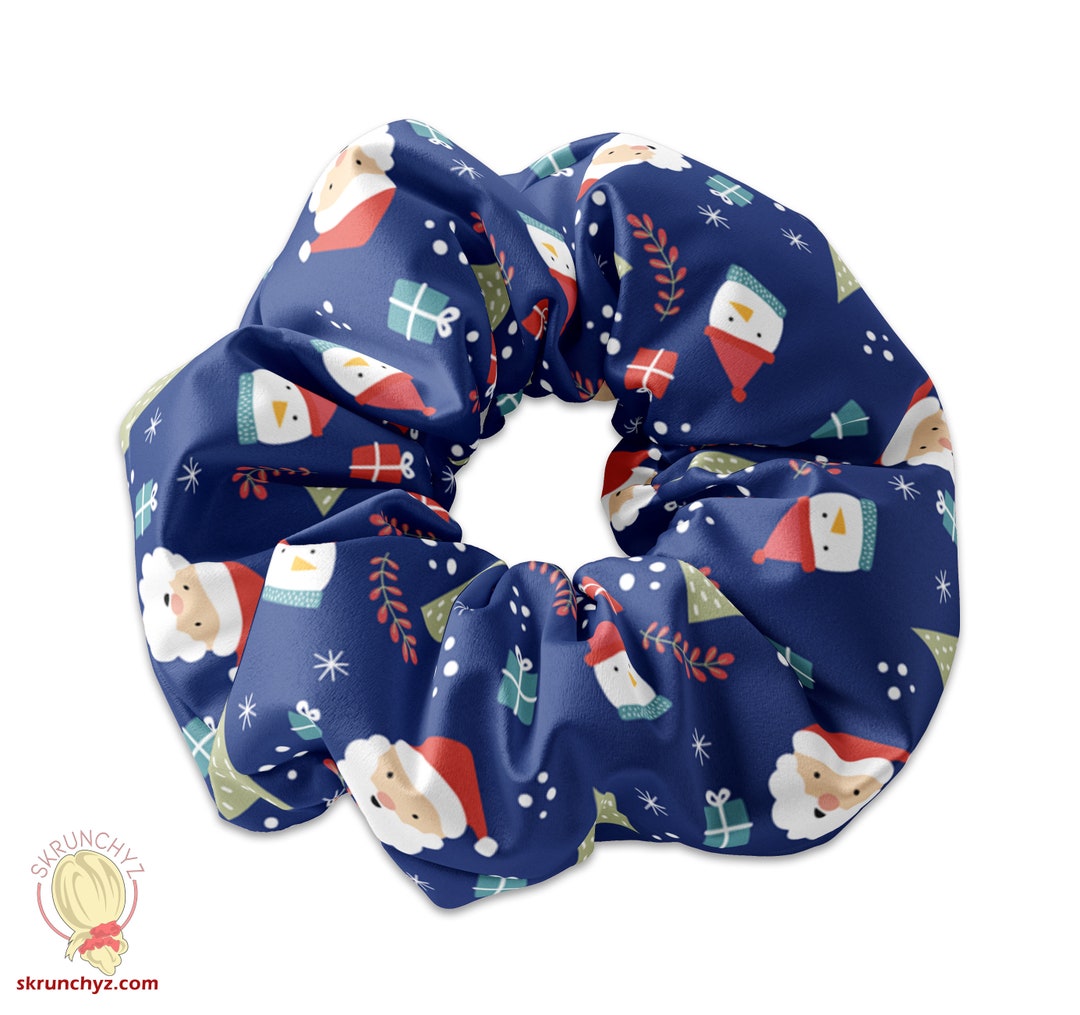 Blue Santa Claus and Snowmen, Christmas Presents Themed Scrunchie Hair ...