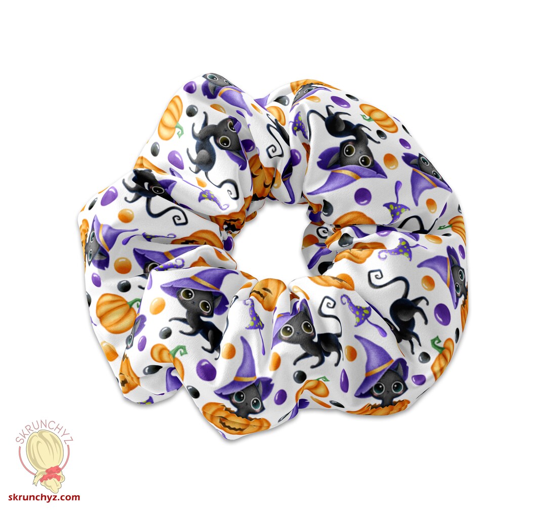 Cute Black Cat Halloween Theme Scrunchie, Halloween Cats, Pumpkins ...