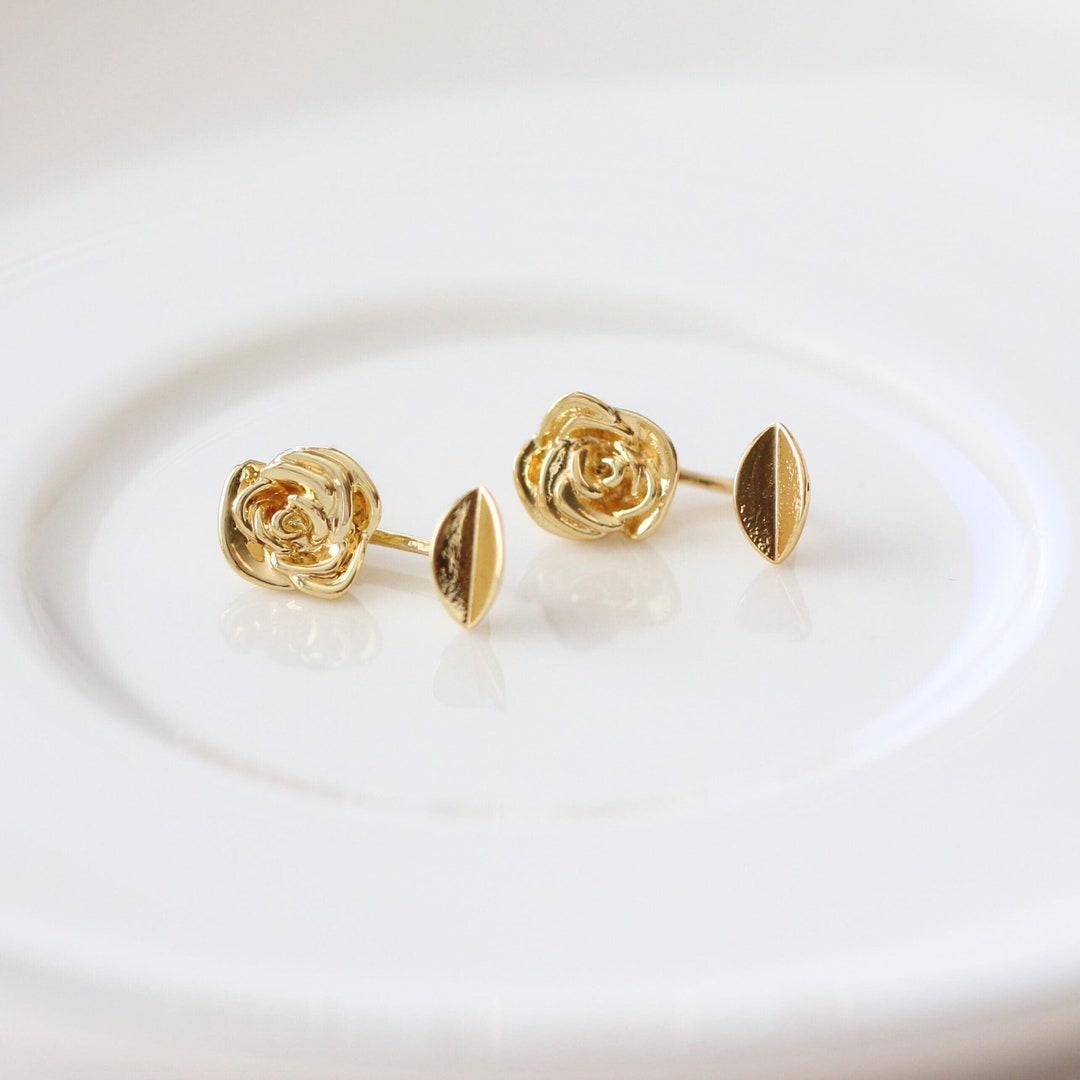 24k Gold Plated - Stem Rose Earrings | Birth Flower Gold Dangle Helix ...
