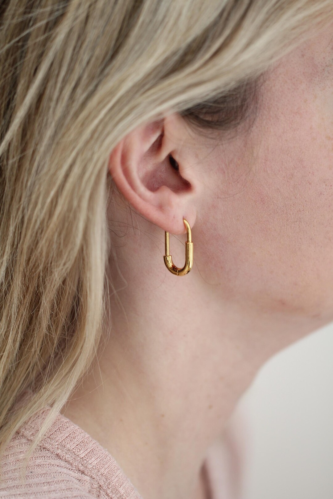 Gold U Shaped Oblong Hoop Earrings, Paperclip Shaped Gold Hoops ...