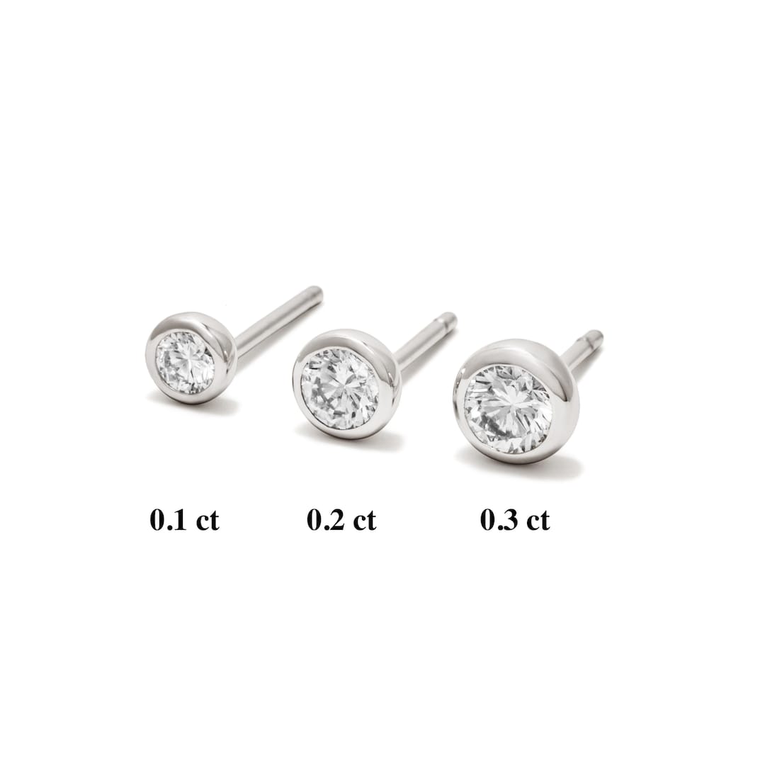 14k 18k Small Diamond Stud Earrings, Bezel Set Lab Diamond Solid White ...
