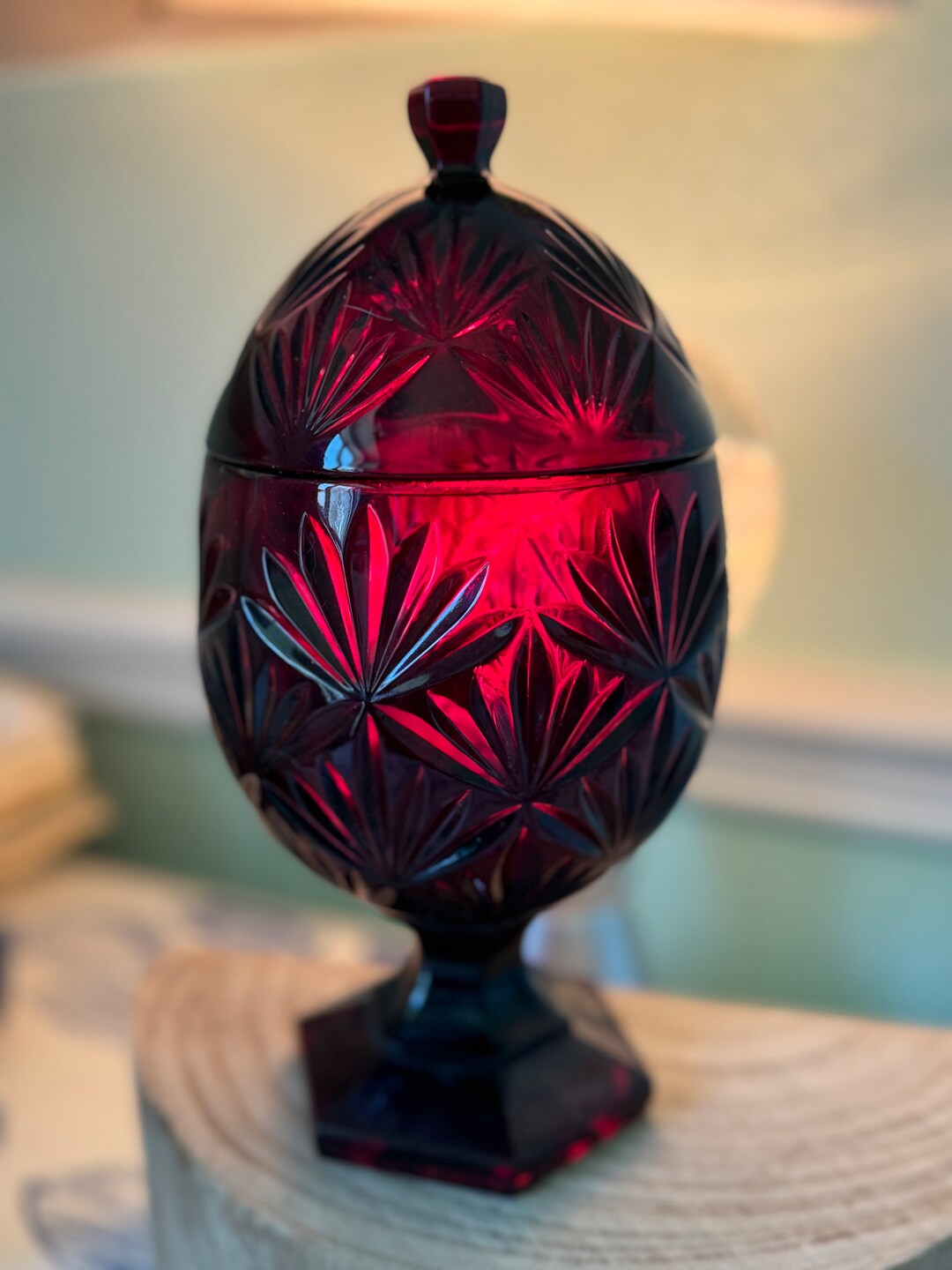 Vintage Oval Egg Ruby Red Apothecary Candy Dish Mid Century Modern Lid ...