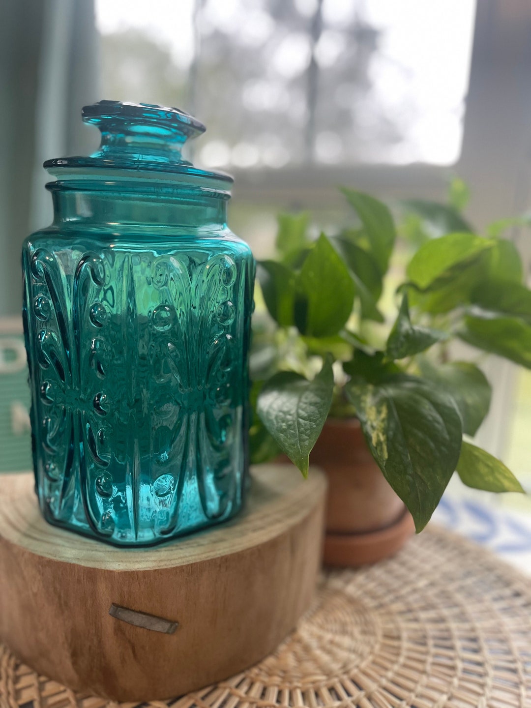 Federal Glass Canister Large Swirl Yellow Green Vintage USA Aqua Mid ...