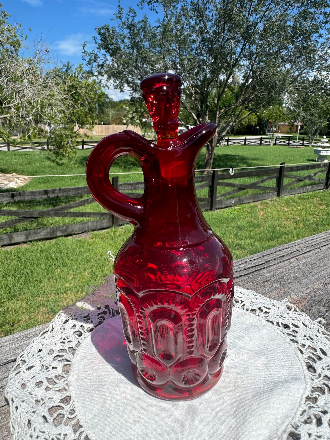 Moon and Stars Red Amberina Ruby Glass USA Oil Bottle With Top Mid ...