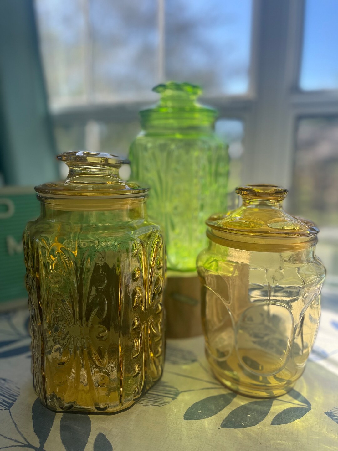 Federal Glass Canister Large Swirl Yellow Green Vintage USA Aqua Mid ...
