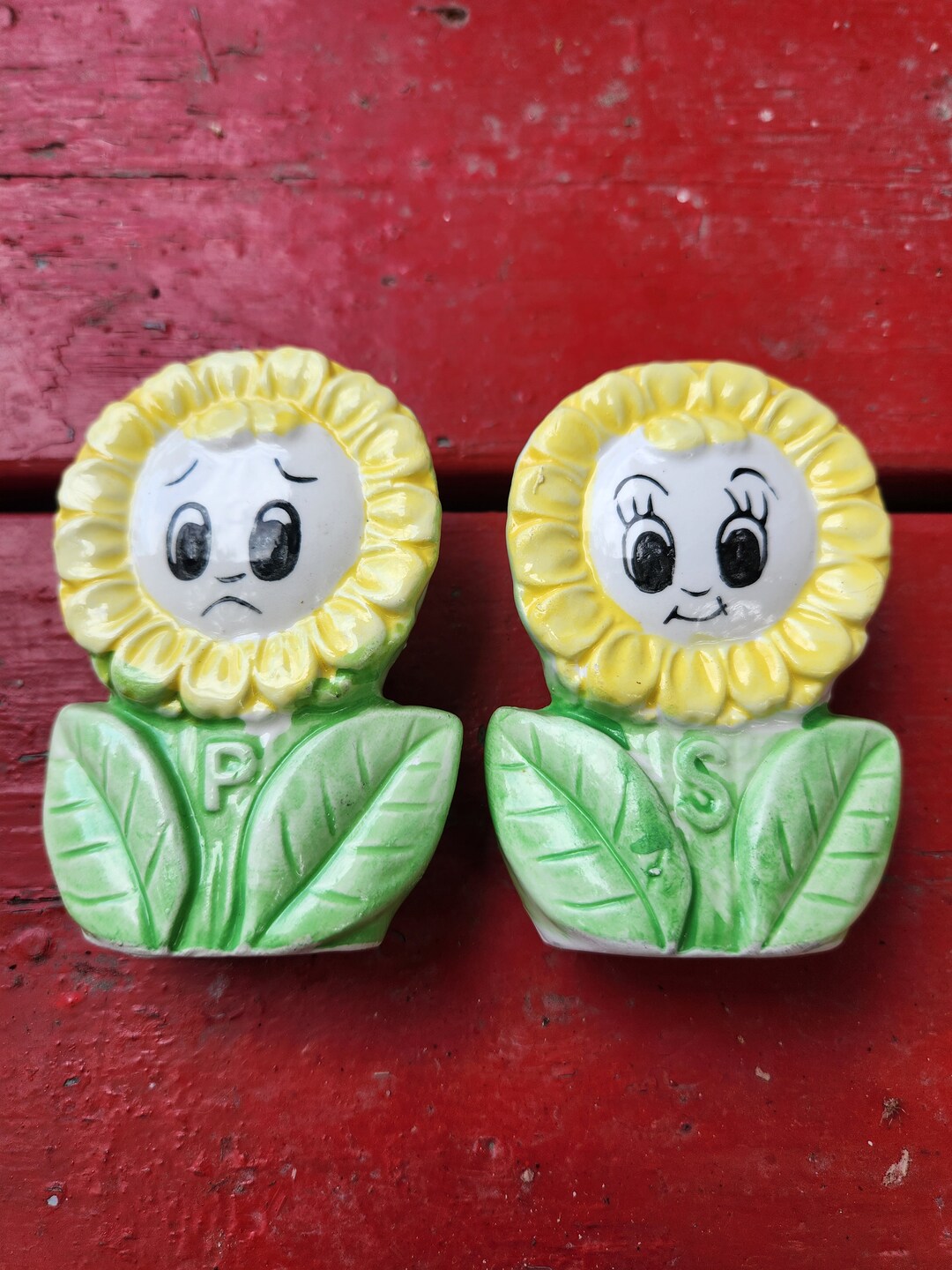 Happy and Sad Face Anthropomorphic Sunflower Salt & Pepper Shakers ...