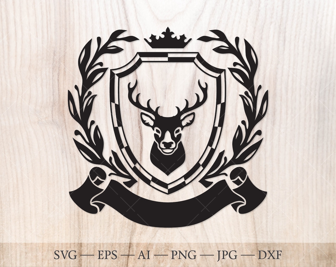 Familienwappen SVG Vorlage. Schild mit Hirschkopf, Krone, Lorbeerkranz ...
