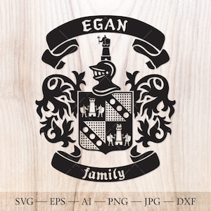 Egan Family Crest SVG, Heraldic Shield With Knights, Towers, Ribbon ...