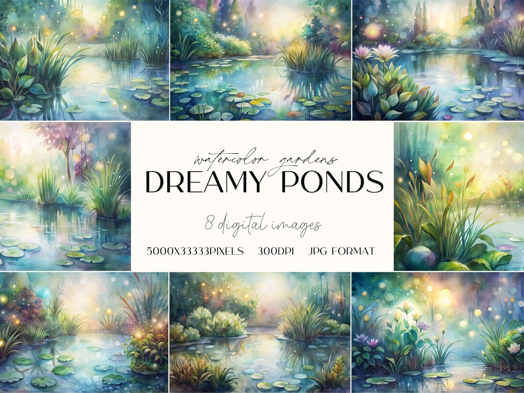 Watercolor Garden Ponds Art | Dreamy Floral Digital Backgrounds (set of ...