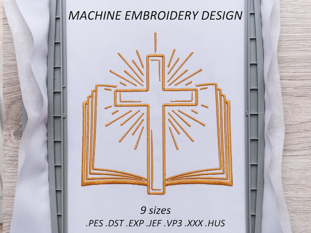 Machine Embroidery Christian Cross With Sun Rays and Open Bible. in 9 ...