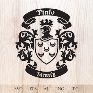 Pinto Family Crest SVG. Heraldic Shield With Crescent, Eagle and Ribbon ...