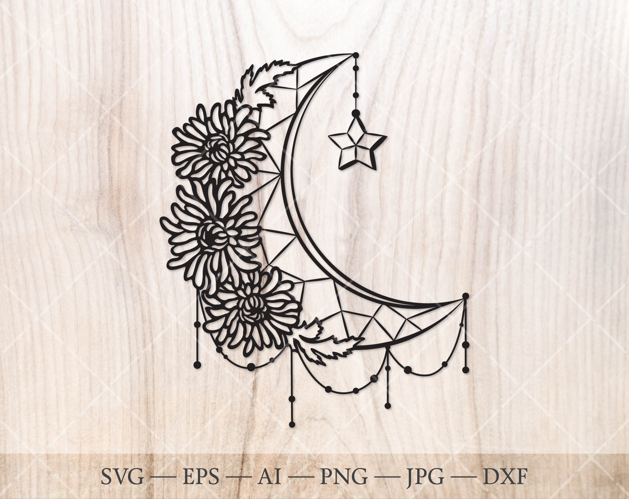 Crystal Moon Svg. Floral Moon SVG. Half Moon With - Etsy