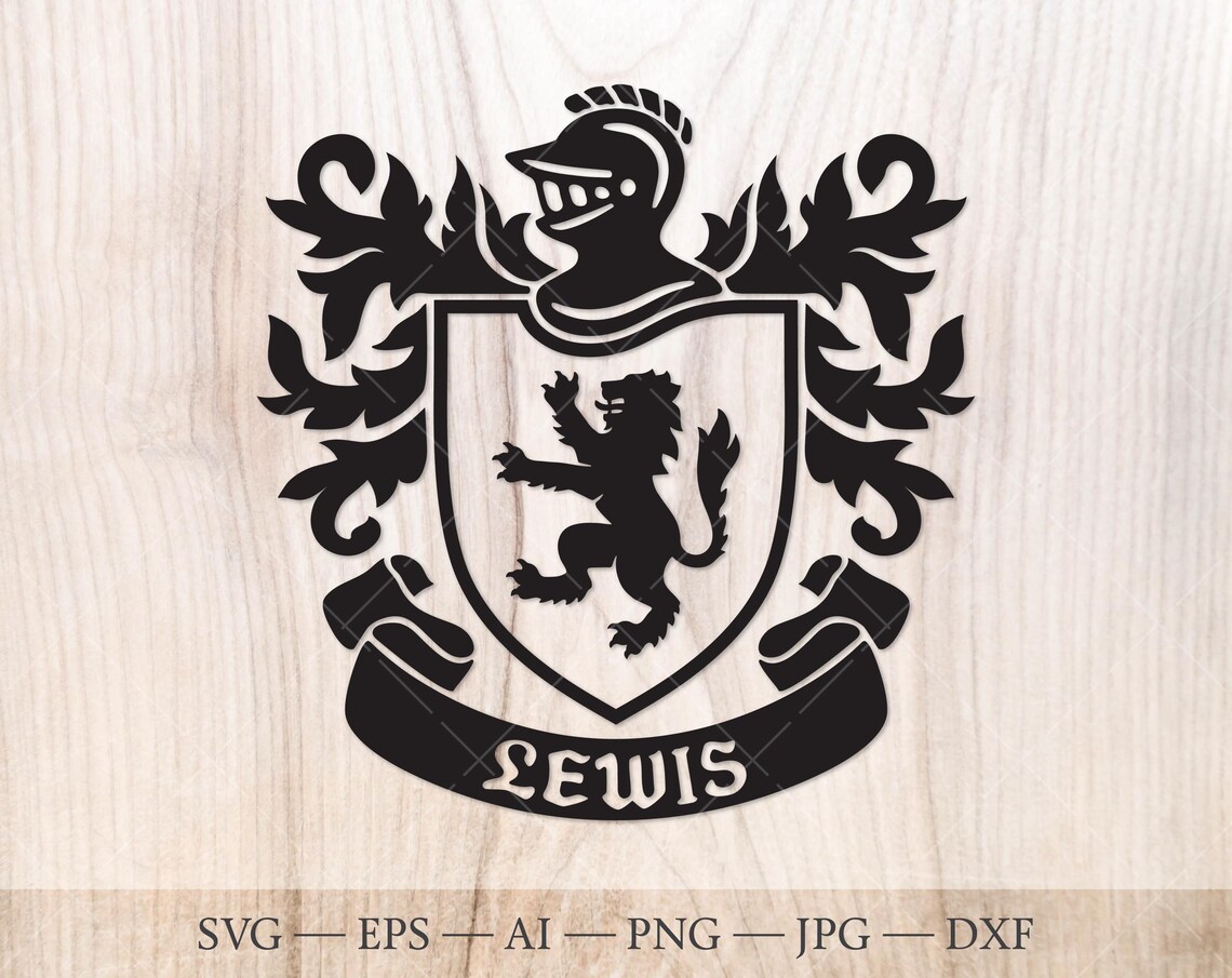 Lewis Family Crest. Coat of Arms Svg. Heraldic Shield With Lion, Ribbon ...