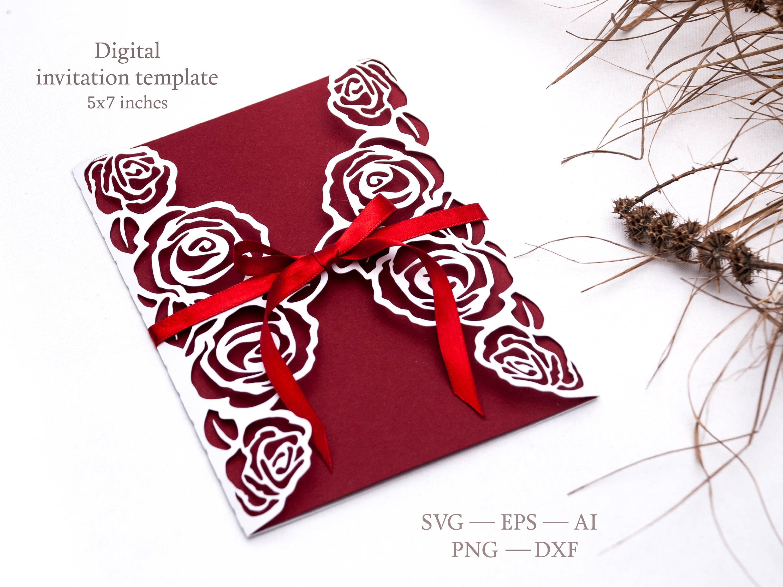 5x7 Gate Fold Rose Flower Wedding Invitation Template Cricut | Etsy