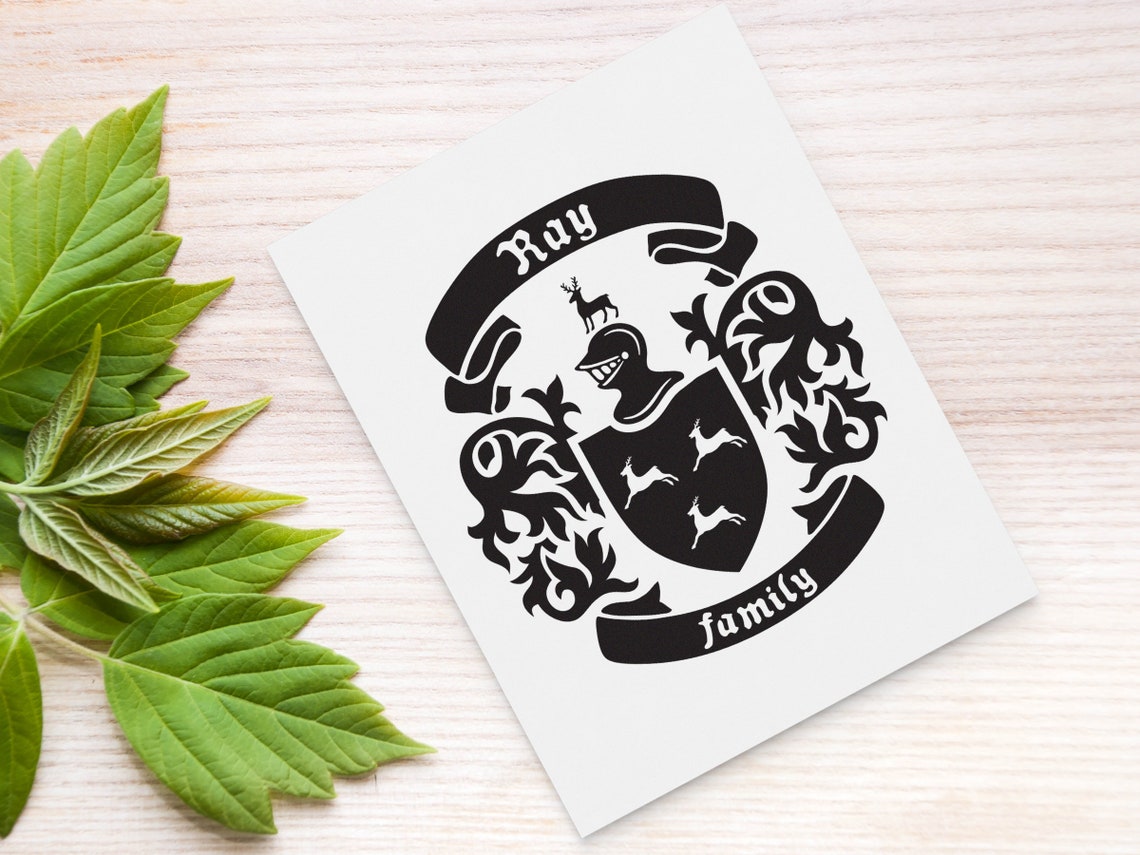 Ray Family Crest. Coat of Arms Svg. Heraldic Shield With Stags, Ribbon ...