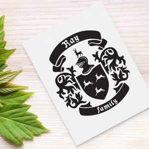 Ray Family Crest. Coat of Arms Svg. Heraldic Shield With Stags, Ribbon ...