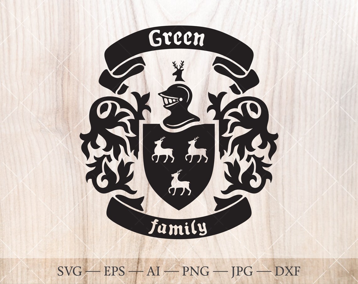 Green Family Crest. Coat of Arms Svg. Heraldic Shield With Stags, Stag ...