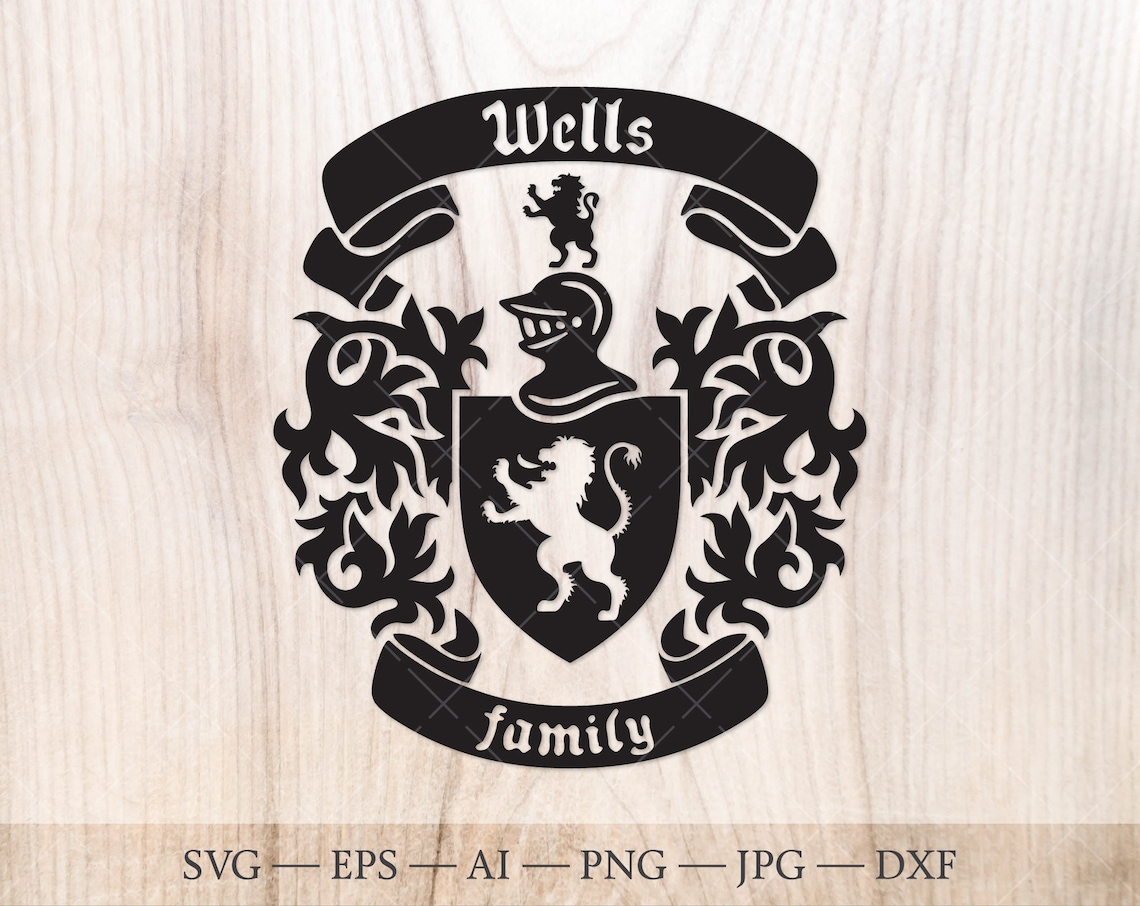 Wells Family Crest. Coat of Arms Svg. Heraldic Shield With Lion, Ribbon ...